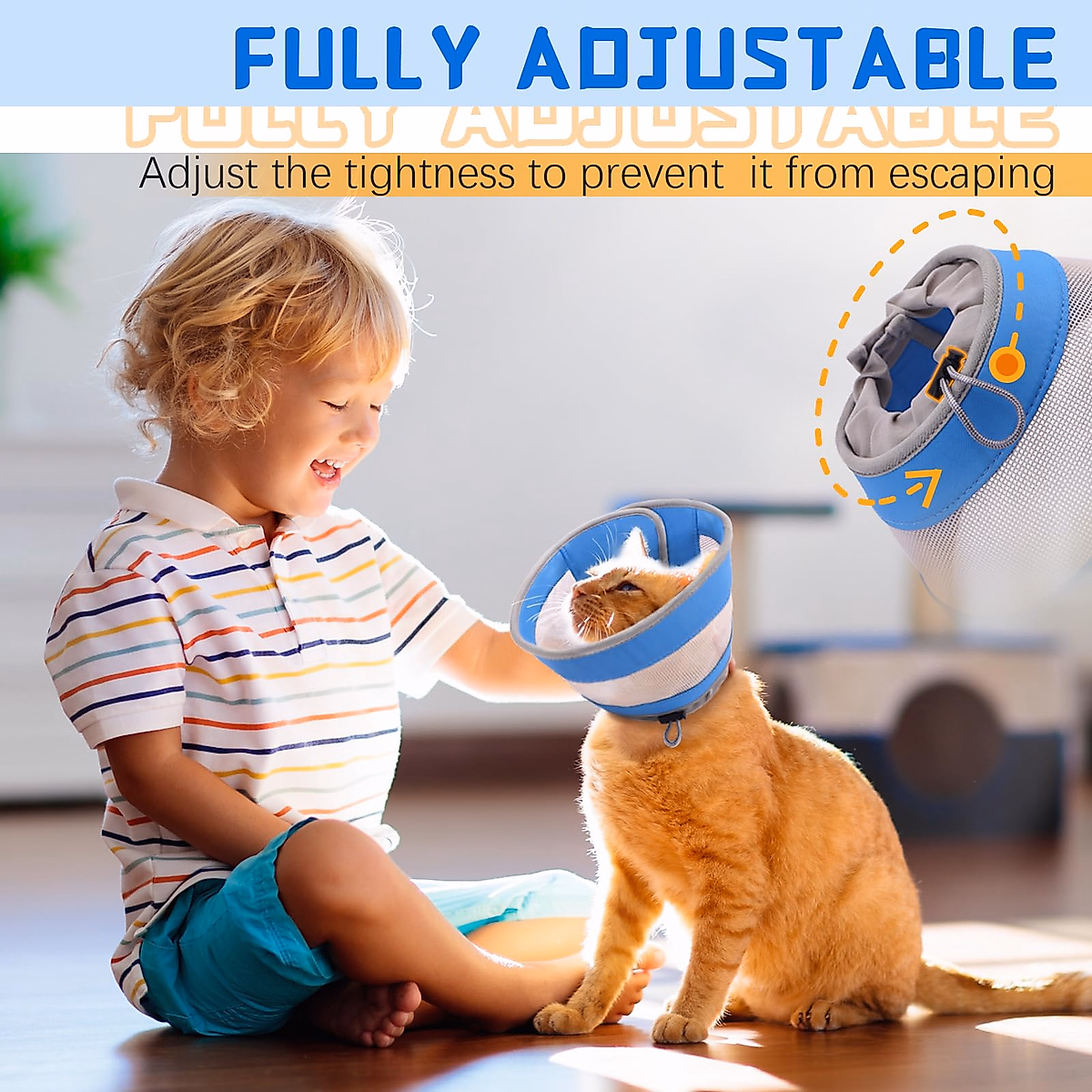 GoGoPaw Cat Cone, Breathable Cat Cone Collar Soft, Adjustable Cat Cone to Stop Licking, Water Resistant Neck Cone for Cats with Air Mesh, Protective Cat Recovery E Collar for Cat Kitten（Blue,S-2
