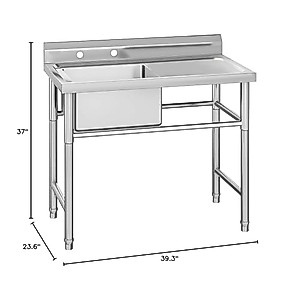 Gaomon Stainless Steel Sink, Commercial Kitchen Prep & Utility Sink Free Standing Single Bowl with Drainboard for Restaurant Laundry Garage Bar Workshop (1 Sink/W Drainboard, 39"L x 23.6"W x 37"H)