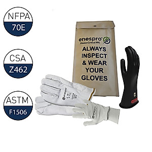 Enespro Class 0 Black Rubber Voltage Insulating Glove Premium Kit with FR Knit Glove and Leather Protectors, Max. Use Voltage 1,000V AC/ 1,500V DC, KITGC0B09AG