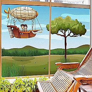 Blue Green Static Clung Window Film Frosted Stained Flower Glass Sticker for Privacy Explore Girl Boy New Adventures Hot Air Balloon Privacy Film 17.7Wx23.6L-inch x2 Pcs