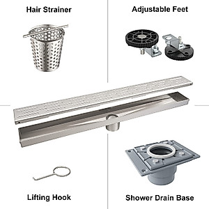 EMBATHER 24 Inches Linear Shower Drain with Removable Pattern Grate, CUPC Certified, 304 Stainless Steel Floor Drain and Shower Drain Base Included Hair Strainer and Leveling Feet, Brushed Nickel