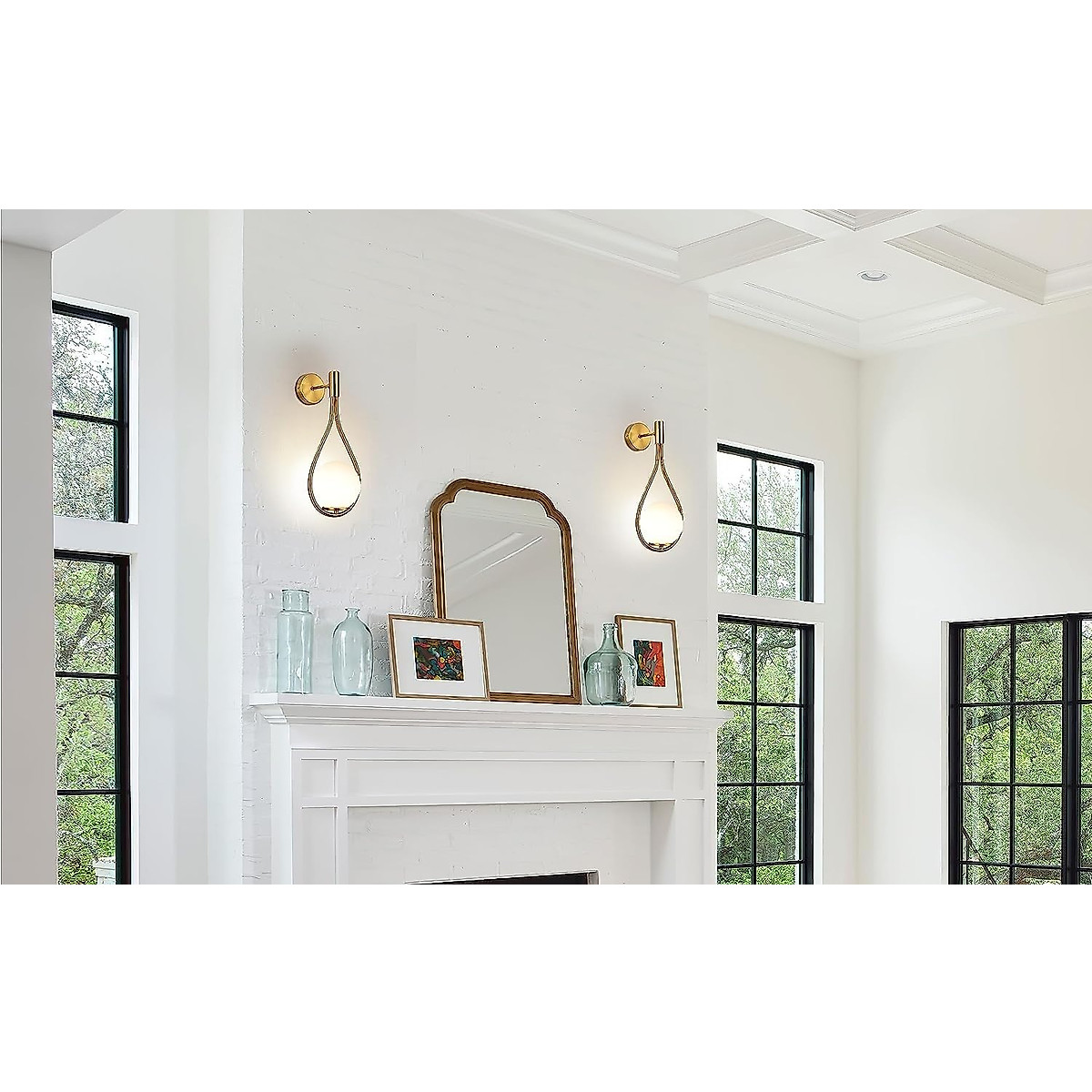 jengush Pack Wall Sconces/Wall Lights, Not Hardwired Brass Gold -White Glass Globe Wall Lamps, Wireless Light Fixture for Bedroom, Living Room, Bathroom, Hallway (GD)