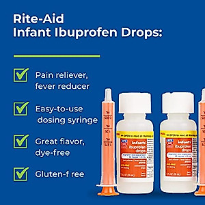 Rite Aid Infants' Dye-Free Ibuprofen Drops, Berry Flavor, 50 mg - 2 Value Pack | Infant Pain Reliever | for Babies Ages 6 to 23 Months | Ibuprofen Oral Suspension 50 mg per 1.25 mL | Gluten Free