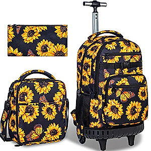 Rolling Backpack for Girls, 21 Inch Roller Wheeled Sunflower Flowers Bookbag for Students School, Water Resistant Elementary Travel Backpacks with Wheels