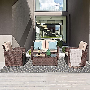 JOIVI Patio Furniture Set, 4 Piece Outdoor Patio Conversation Set, All-Weather PE Rattan Wicker Sectional Patio Sofa Set with Tempered Glass Coffee Table, Brown