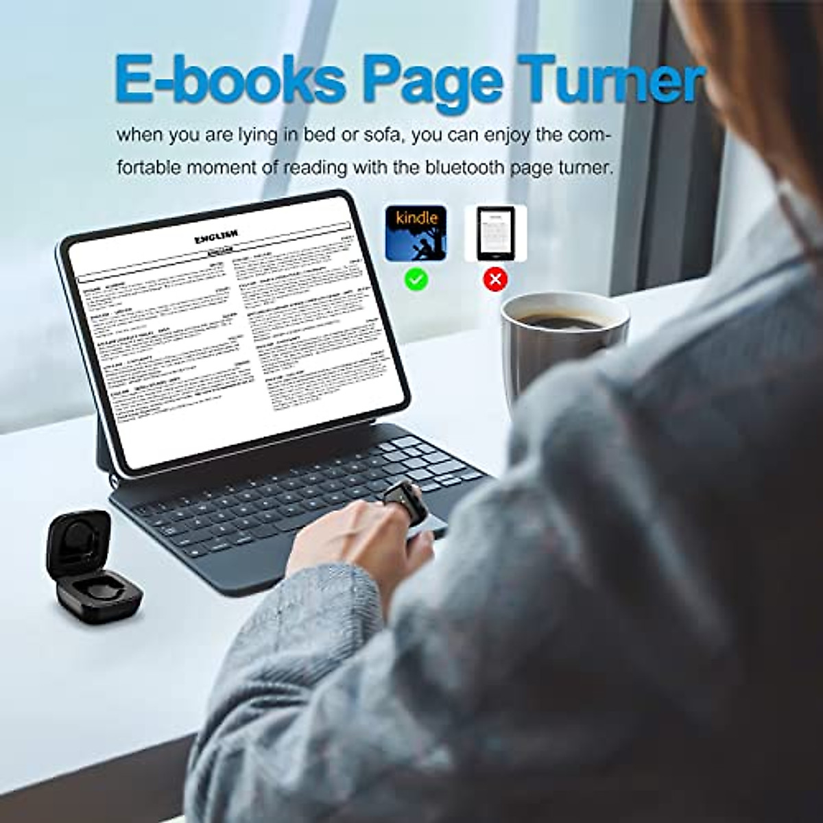 TikTok Remote Control Ring Kindle APP Page Turner, TIK Tok Scrolling Ring for Shutter Selfie Video Recording, Bluetooth Tiktok Clicker Finger Remote with Charging Case for iPad iPhone Android (Black)