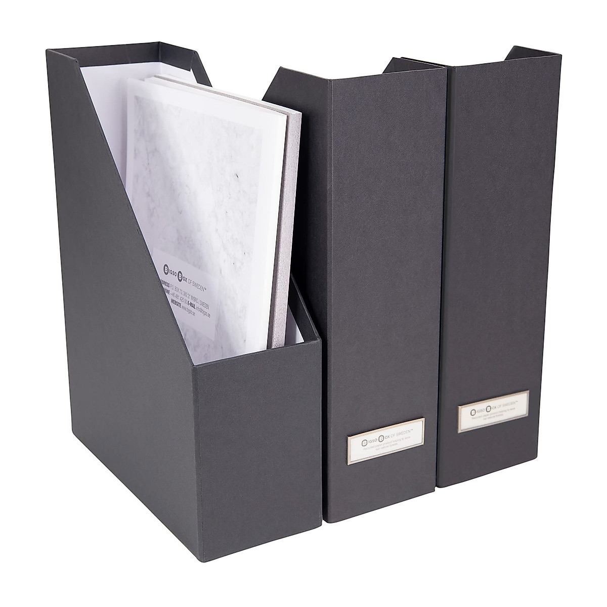 Bigso Viktoria Magazine Organizer | Durable Magazine Holder for Papers, Manuals and More with Metal Label Holder | Magazine File Holder for Office Desks | 4″x9.7″x12.7″ | 3 Pack | Dark Grey