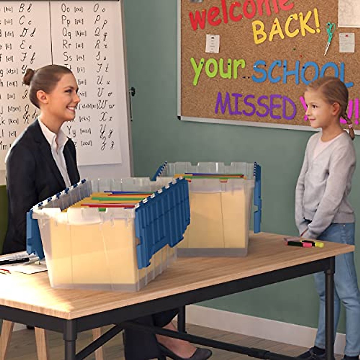 Akro-Mils 12 Gallon KeepBox File Box Plastic Stackable Storage Container with Hinged Attached Lid and Rails for Hanging File Folders, 21-Inch L x 15-Inch W x 12-Inch H, Clear/Blue