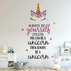 Motivational Quotes Wall Stickers,Always be Yourself Unless You Can be a Unicorn Wall Decal for Girls Room,Uplifting Encouragement Gift for Girls,Inspirational Decorations Wallpaper Mural for Nursery