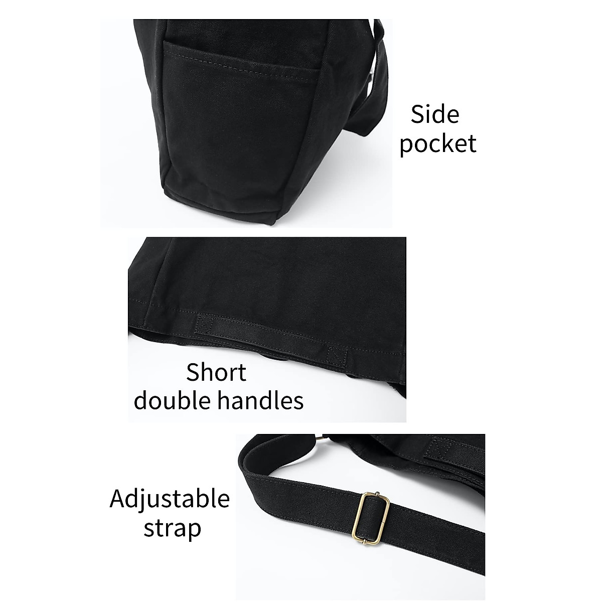 Jeelow 20oz Washed Canvas Tote Shoulder Crossbody Bags Purse Handbag For Men & Women Adjustable Strap (Black)