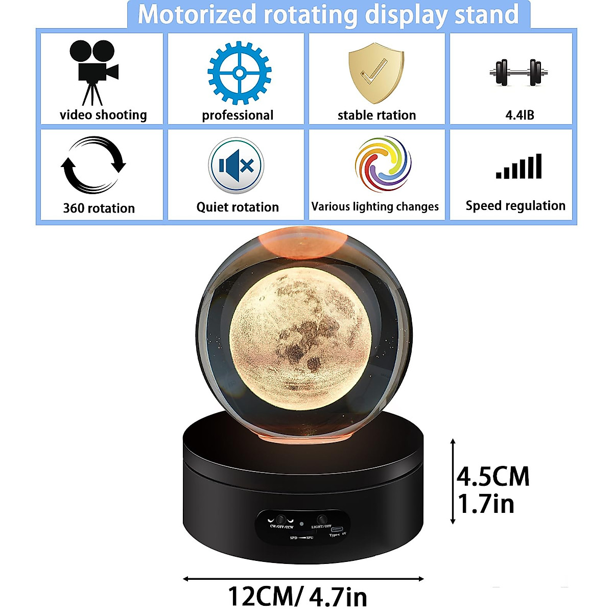 YVV LED Rotating Display Stand, Lighted Base- Crystal Glass Art, 360 Degree Automatic Mute Rotating Turntable, Motorized Display Stand with Colorful Lights, Tumbler Supplies Spinner 4.72in