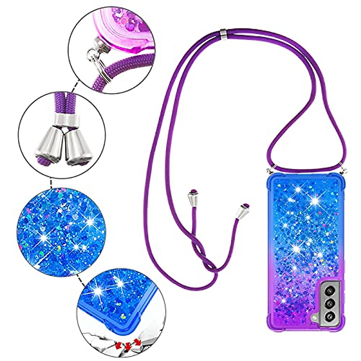 CCSmall Samsung Galaxy S21 FE (Not S21) Case,Strap Crossbody Gradient Quicksand Bling Sparkle Flowing Liquid Floating with Neck Cord Lanyard Strap Cover for Samsung Galaxy S21 FE LSGS Purple Navy