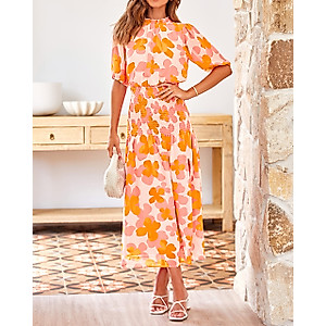 PRETTYGARDEN Women Summer Casual Ruffle Mock Neck Dress 2023 Short Sleeve Smocked Slit Boho Floral Midi Beach Dresses(Floral White Yellow,Large)