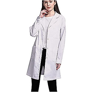 ViYW Professional Lab Coat for Women Long Sleeve White Button Down Jackets Midi Length Notch Lapel Nurse Jacket with Pockets