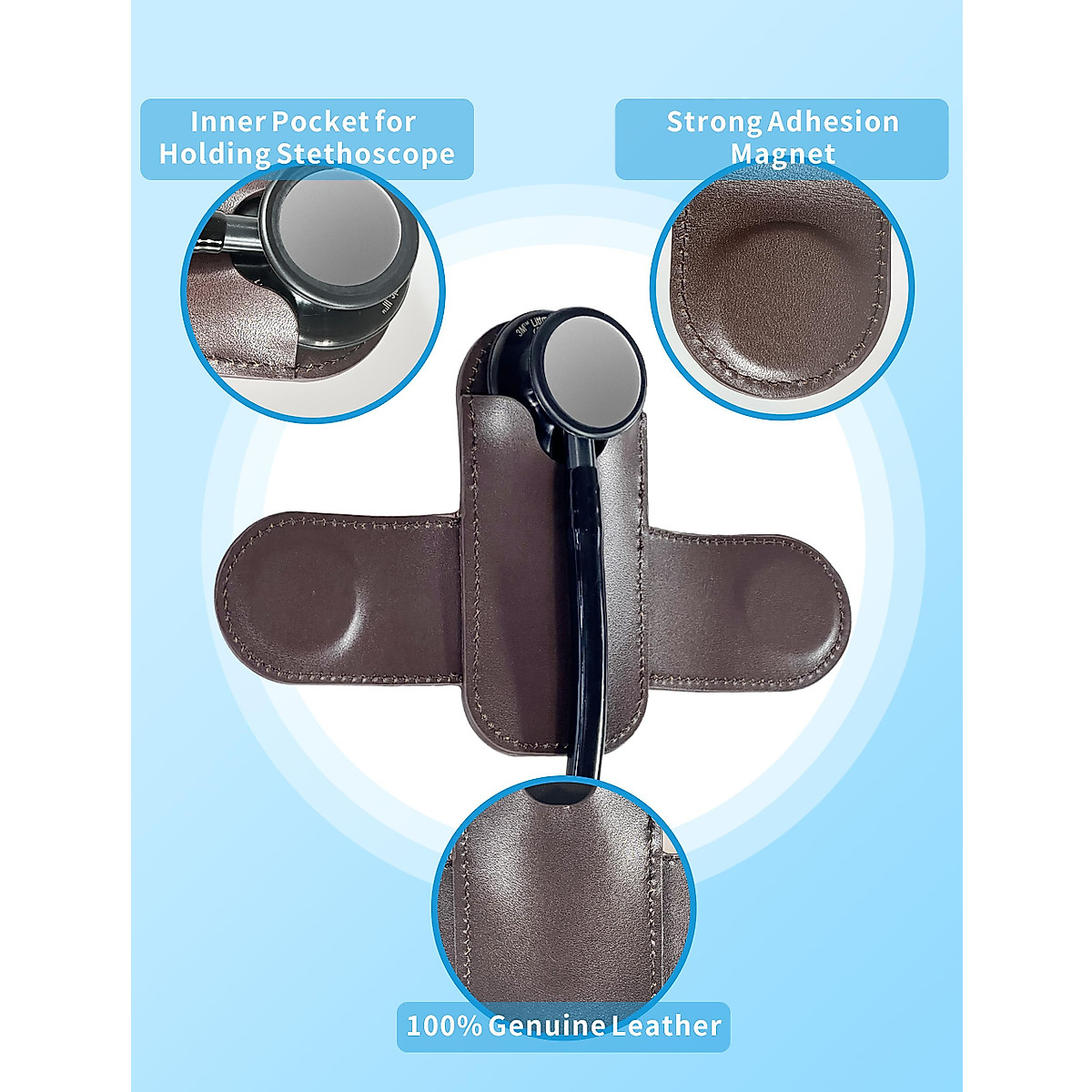 CaseLeather Stethoscope Holder, Genuine Top-Grain Leather | Strong & Durable | Magnetic Closure - Easy Access | for Doctors, Nurses, Adult, Dual Head (Brown)