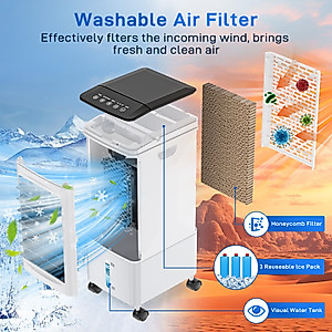 Portable Air Conditioners, 3-IN-1 Windowless Air Conditioner, Evaporative Air Cooler Kitchen Volume AC, Fast Cooling Large Air Conditioner for Room, Remote/3 Speed/7H Timer/1.45 Gallon/3 Ice Packfan-2