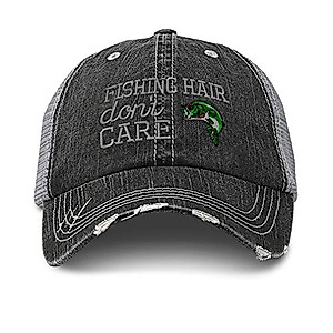 Speedy Pros Distressed Trucker Hat Fishing Hair Don't Care Embroidery Cotton for Men & Women Black Gray