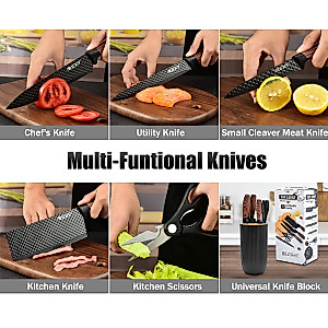 Knife Set, 6-Piece Black Professional Kitchen Knife Set for Chef, Super Sharp Knife Set with Universal Knife Block, Anti-Rust Stainless Steel Kitchen Knife Block Set, Ergonomical Design (Black)