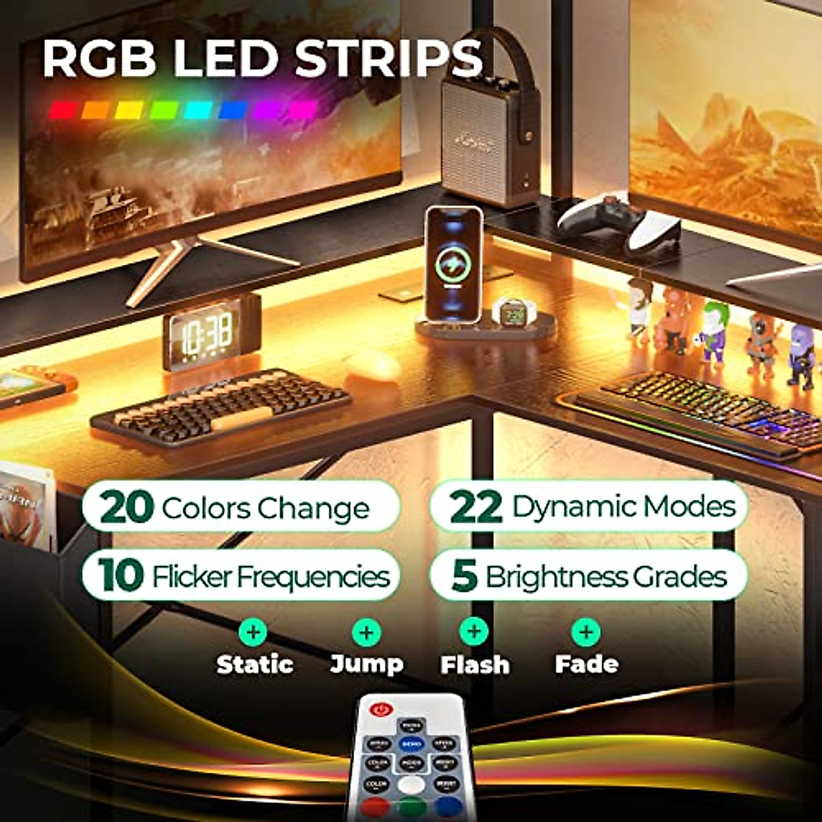 Huuger L Shaped Desk Gaming Desk with LED Lights & Power Outlets, Computer Desk with Storage Shelves, Corner Desk Home Office Desks for Bedroom, Black