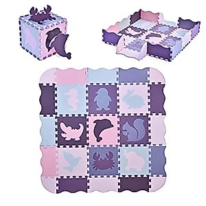 FUN LITTLE TOYS 25 PCS Baby Foam Play Mat, Interlocking Tiles Playmat with Fence Large 45x45 Thick 0.47 inch Purple Animals Puzzle Floor Mat for Kids Babies Toddlers Infants Crawling Room Decor