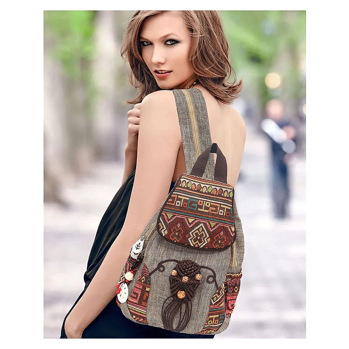 HUANGGUOSHU Backpacks For Women Sling Backpack Casual Canvas Backpack Convertible For Girl Boho Hand-Woven Exquisite Knitting Backpack With Lots Of Pockets Gift For Young Adult Women