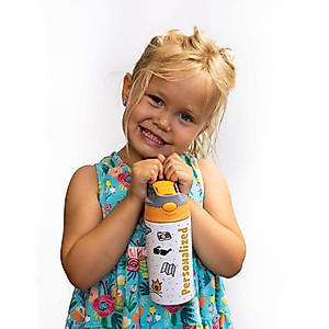 Camping Adventure – Orange and Grey – 12 oz Kids Water Bottle with Pop Up Silicone Straw - Personalize with Name – Double Wall Stainless Steel Insulation – Keep Beverage Temperature for Up To 8 Hours