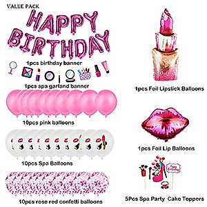 SPA Makeup Party Supplies with Spa Latex Balloon,Lipstick Foil Balloons,Happy Birthday Balloons Banner,Make Up Garland Banner Cake Toppers for Kids Nail Girl Theme,Salon,Spa Birthday Party Decorations