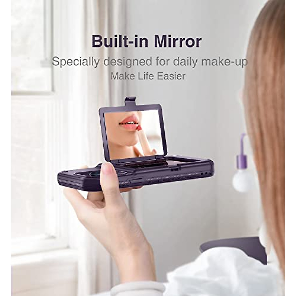 WeLoveCase iPhone 14 Pro Case for Women, Men Defender Credit Card Holder Cover with Hidden Mirror, Three Layer Shockproof Heavy Duty Protection Case for iPhone 14 Pro 6.1'' Deep Purple