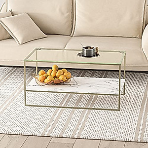Tilly Lin 35" Elegant 2 Tier Glass Top Coffee Table with White Faux Marble and Gold Metal Legs, Rectangular Cocktail Table with Storage for Living Room