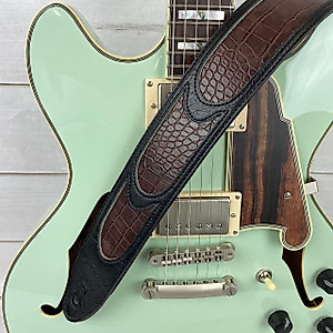 Walker & Williams G-800 Soft Black Leather Strap Brown Gator Inserts & Padded Back For Acoustic, Electric, And Bass Guitars