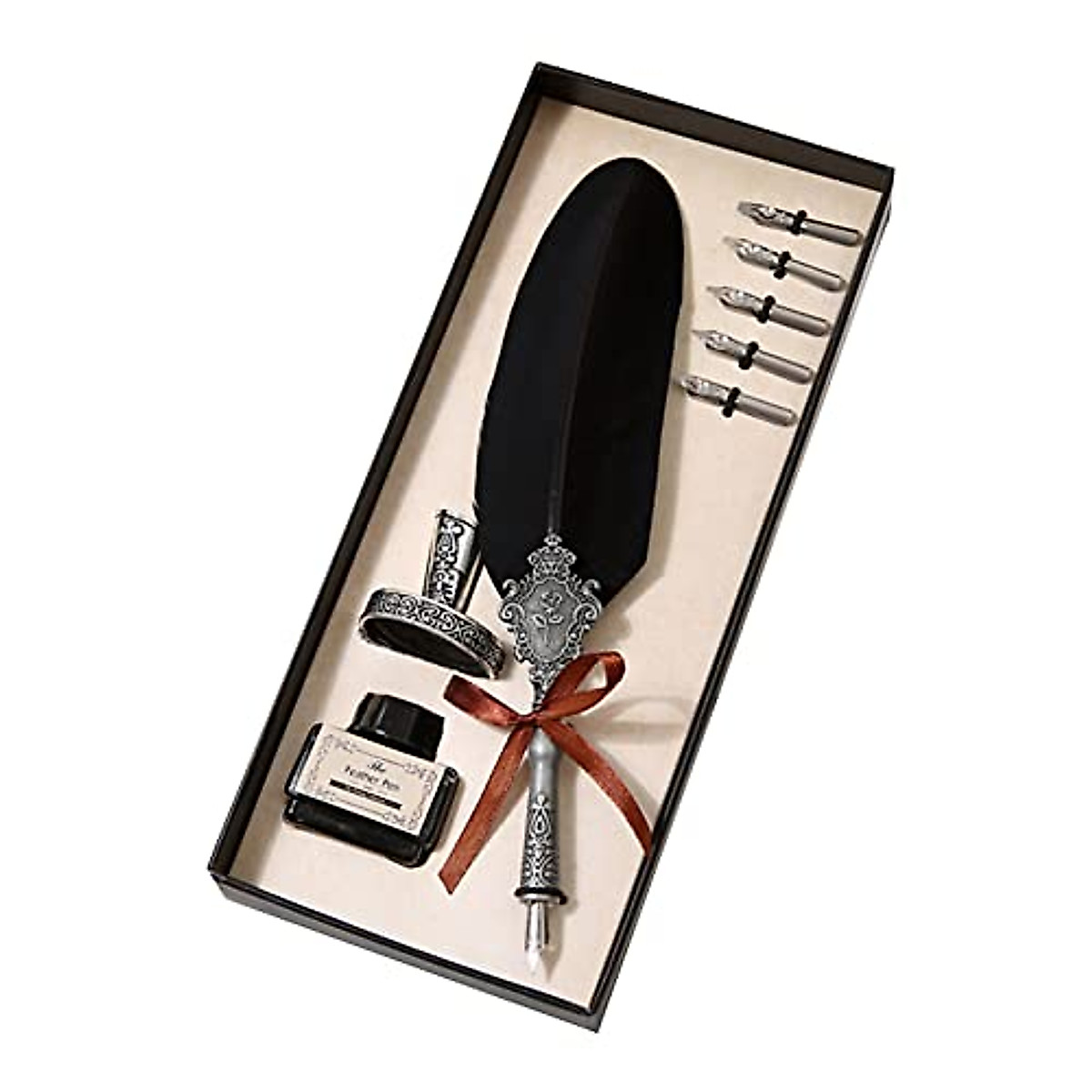 Retro Feather Pen Set, Writing Quill Pen Calligraphy Dip Pen Ink Set Luxury Vintage Signature Fountain Pen Gift Kit with Pen Stand and Replacement Nibs Valentine Day Christmas Birthday Gift Black