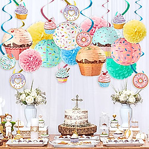 36 Pcs Donut Cupcake Party Hanging Paper Lanterns Donut Cupcake Hanging Swirls Paper Flowers Pom Poms Sprinkle Party Decorations for Kids Girls Birthday Party Baby Shower Sweet Candy Party Supplies