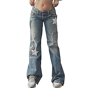 Kisswow Star Jeans Y2k Cargo Pants Women Pentagram Print High Waist Cyber Y2k Jeans for Women Star Pants Aesthetic Pants Cute Jeans for Teens Trendy Clothes for Teen Girls