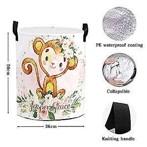 Cute Monkey Pink Floral Personalized Laundry Basket Clothes Hamper with Handles Waterproof,Custom Collapsible Laundry Storage Baskets for Bedroom,Bathroom Decorative Large Capacity
