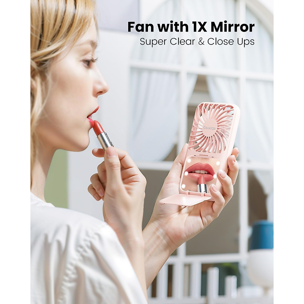Gaiatop Handheld Mini Fan, 3 Speed Portable Lash Fan Makeup Mirror with LED Light, 2000mAh USB Rechargeable Personal Desk Fan with Stand, Small Hand Fan for Outdoor Travel Gifts for Women Girls Pink