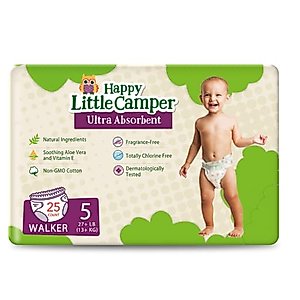 Happy Little Camper Natural Disposable Baby Diapers, Gentle on Skin, Ultra-Absorbent, Hypoallergenic, Chlorine Free, Fragrance Free, Safe for Sensitive Skin, Walker, Diapers Size 5, 25 Count
