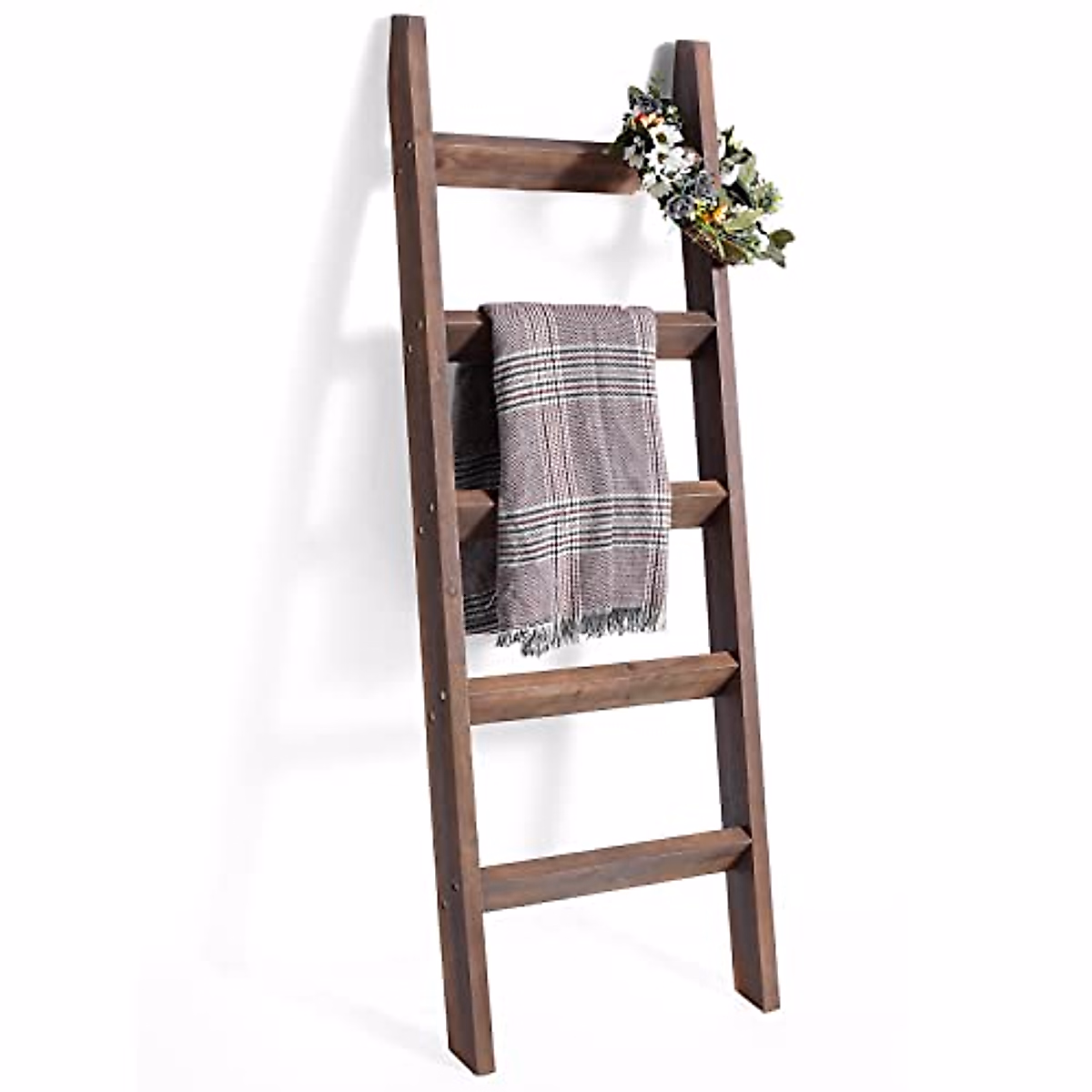 FUIN 5 Ft (58") Wood Decorative Wall Leaning Blanket Ladders Bathroom Storage Quilt Towel Display Rack Shelf Holder Rustic Farmhouse, Brown