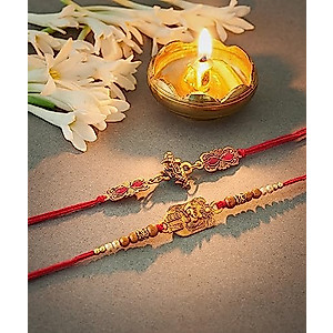 Eximious India Set of 2 Rakhi For Brother With Card Antique Gold Finsh Ganesha and Krishna Pendant For Raksha Bandhan Designer Rakhi Thread for Bhaiya