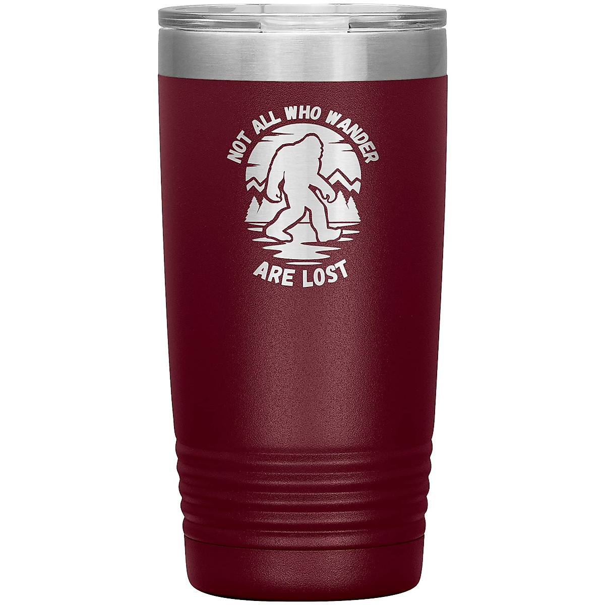 Bigfoot Tumbler Cup with Lid - Not All Who Wander Are Lost - Double Walled, Insulated Sasquatch Travel Coffee Mug - 20 oz (Maroon)