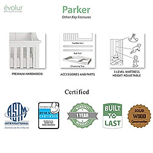 Evolur Parker 5 in 1 Convertible Crib, Winter White