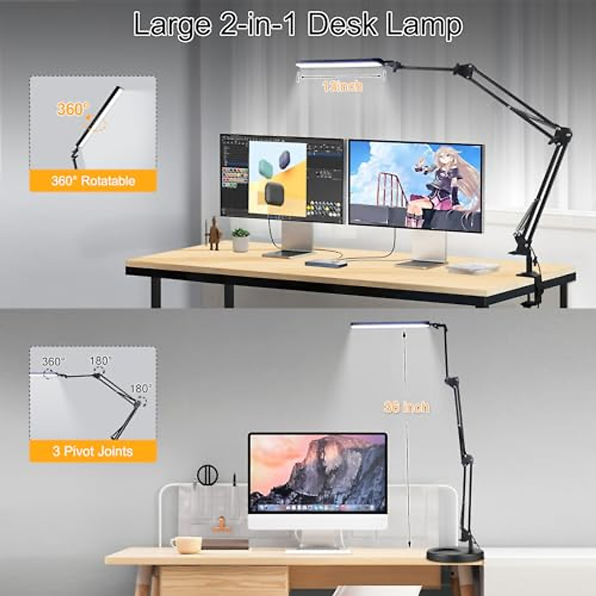 NOEVSBIG LED Desk Lamp with Clamp,2-in-1 Clamp on Desk Lamp with Base,50.7" Adjustable Swing Arm Architect Desk Lamp,Memory Function Desk Lights for Home Office,Workbench,Reading,Craft,Drafting