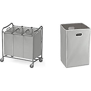 Simple Houseware Heavy-Duty 3-Bag Laundry Sorter Cart + Foldable Closet Laundry Hamper Basket