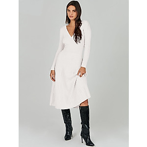 ANRABESS Womens Wrap Midi Sweater Dresses Long Sleeve V Neck Bodycon High Waist Ribbed Knit Pleated A-Line Dress 2024 Trendy X-Large White