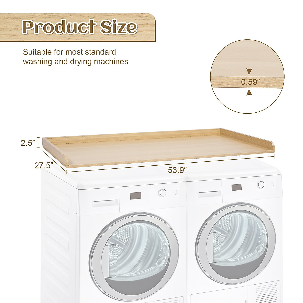 Gtouse Washer Dryer Countertop and Shelves, 54x27.5inch, Laundry Countertop Over Washer and Dryer, Wood Cover for Washer and Dryer Top with Edge Rails, Dryer Countertop