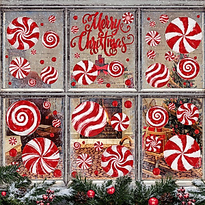 DULEFUN 8 Sheets Christmas Window Clings, Candy Window Decals Oil Painting Christmas Red Candy Stickers for Xmas Home Office School Decor Winter Glass Window Decoration