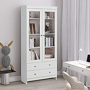 YIGOBUY White Bookcase with Glass Doors Tall Display Cabinet Wooden Bookshelf Organizer for Home Bedroom, Living Room, Office, Library with Doors, White Freestanding Kitchen Pantry