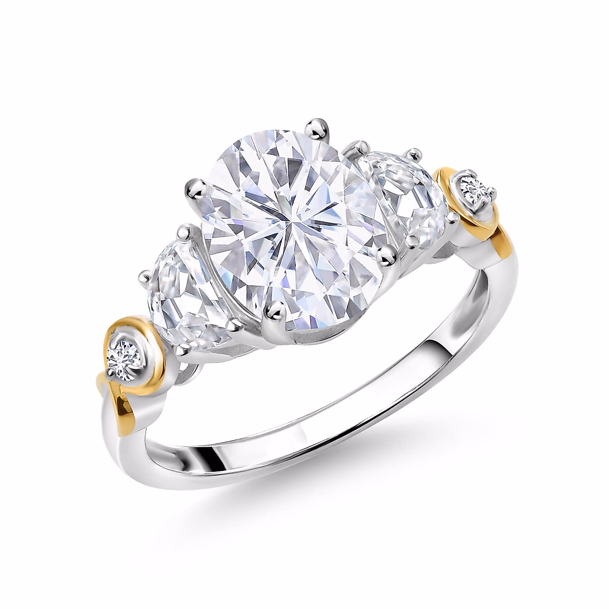 Gem Stone King 925 Silver and 10K Yellow Gold Moissanite and Lab Grown Diamond 3-Stone Women Wedding Engagement Anniversary Promise Ring (2.60 Cttw, Available In Size 5, 6, 7, 8, 9)