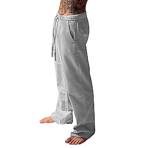 YAOBAOLE Mens Lounge Pants Lightweight Baggy Linen Pants Elastic Waistband Light Grey M