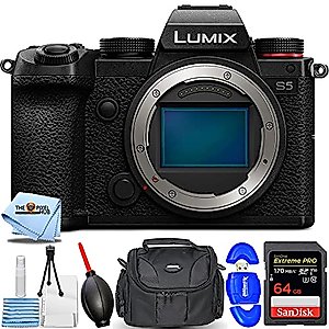 Panasonic Lumix DC-S5 Mirrorless Digital Camera (Body) - Essential Bundle Includes: Sandisk Extreme Pro 64GB SD, Memory Card Reader, Gadget Bag, Blower. Microfiber Cloth and Cleaning Kit