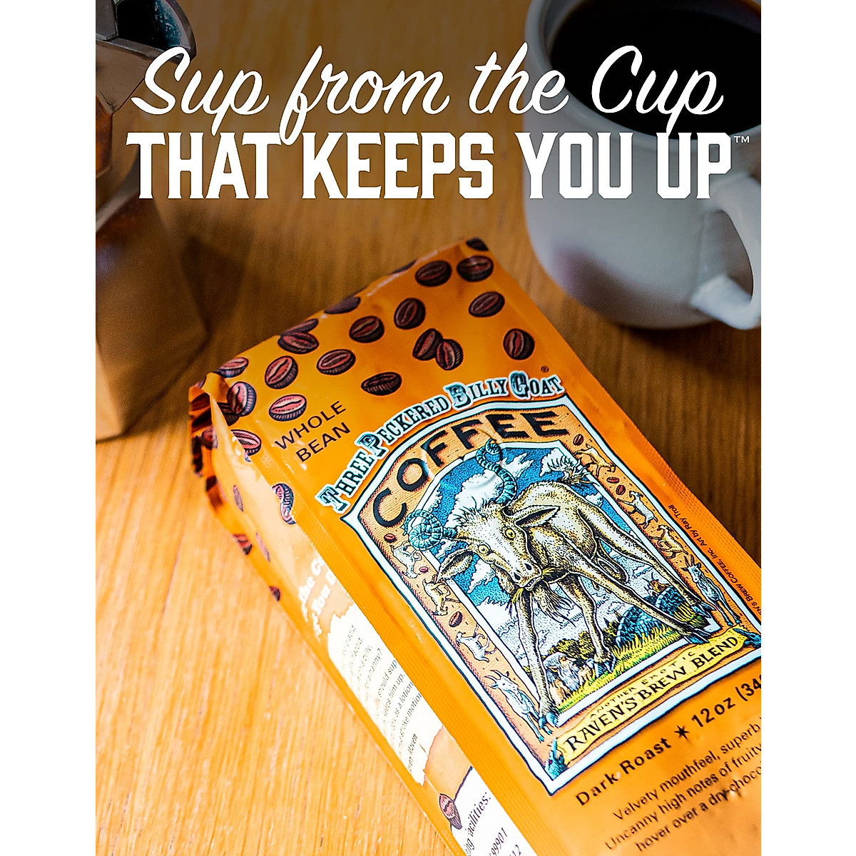 Raven's Brew Coffee High Caffeine Coffee Dark Roast Whole Bean – Three Peckered Billy Goat 2-pack of 12oz